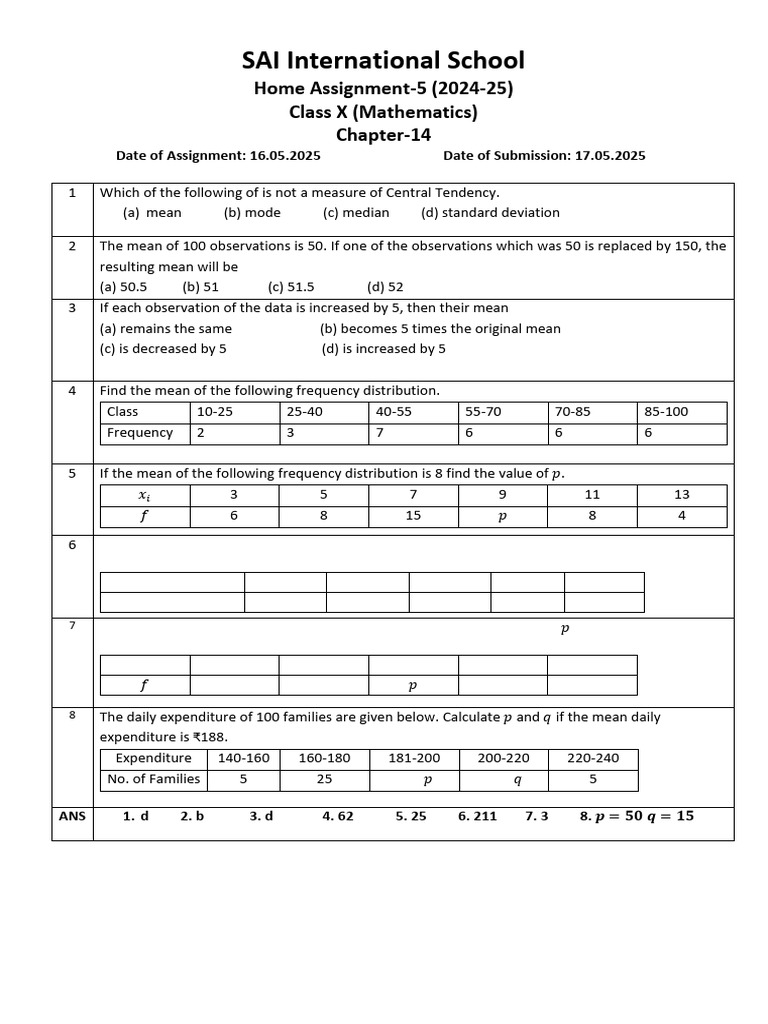 X Math HA-4 Ch-13 (Mean) (16.05.2024) | PDF