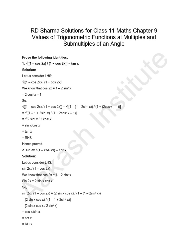 RD Sharma Solutions for Class 11 Maths Chapter 9 Values of ...