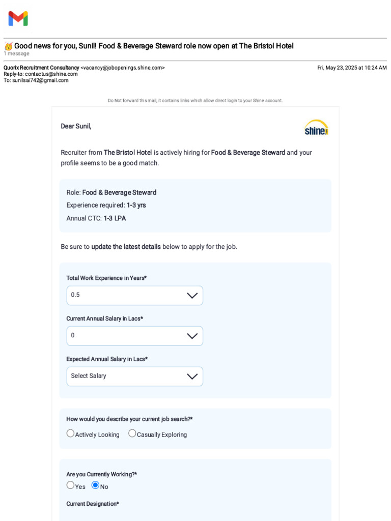 Gmail - ? Good News for You, Sunil! Food & Beverage Steward Role Now Open at the Bristol Hotel | PDF