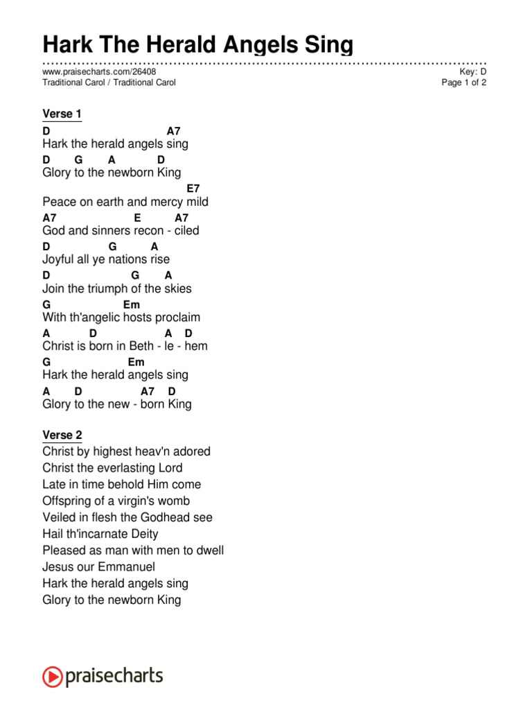 Hark The Herald Angels Sing (Traditional ... ) Chord Chart - D - 1 ...