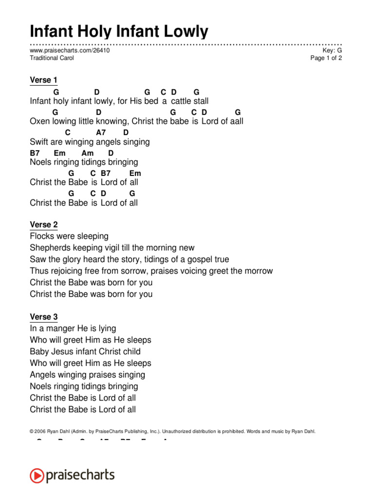 Infant Holy Infant Lowly (Traditional ... ) Chord Chart - G - 1 Column ...