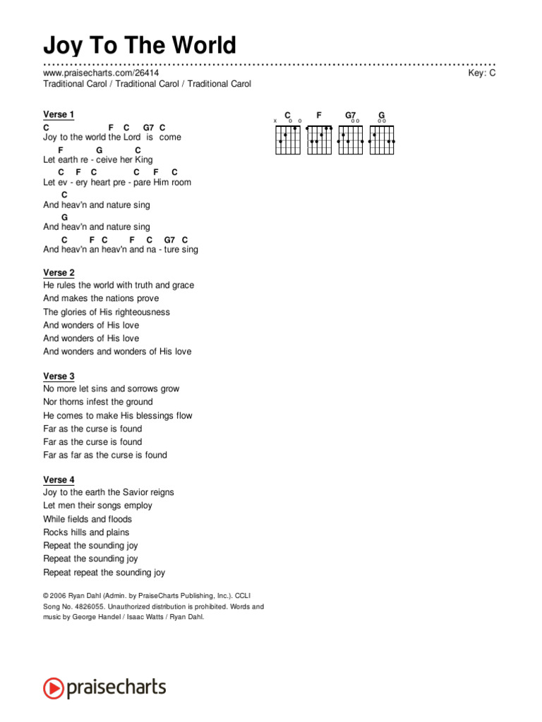 Joy To The World (Traditional ... ) Chord Chart - C - 2 Column Layout | PDF