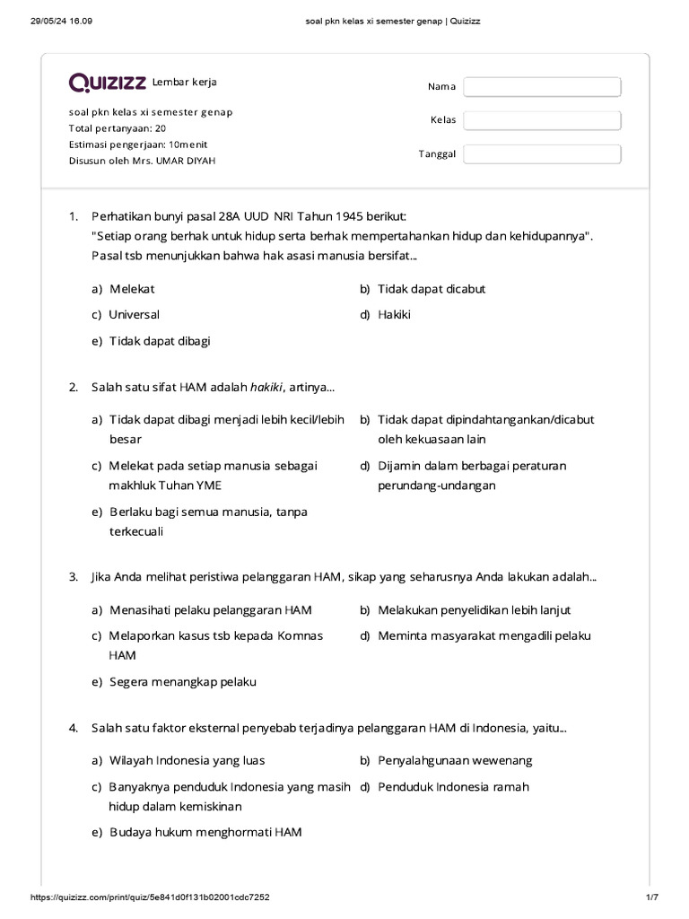 Soal PKN Kelas Xi Semester Genap - Quizizz | PDF