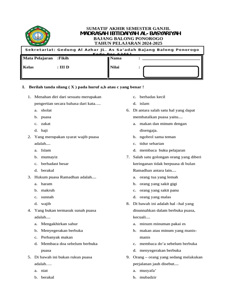 Sas 1 Fikih Kelas 3 | PDF