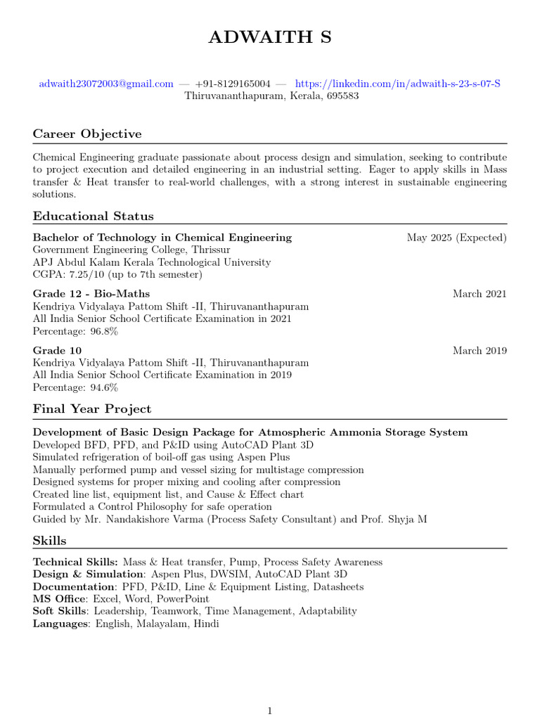 Adwaith S - ChemicalEngineer - Resume - pdf-1 | PDF | Chemical Engineering