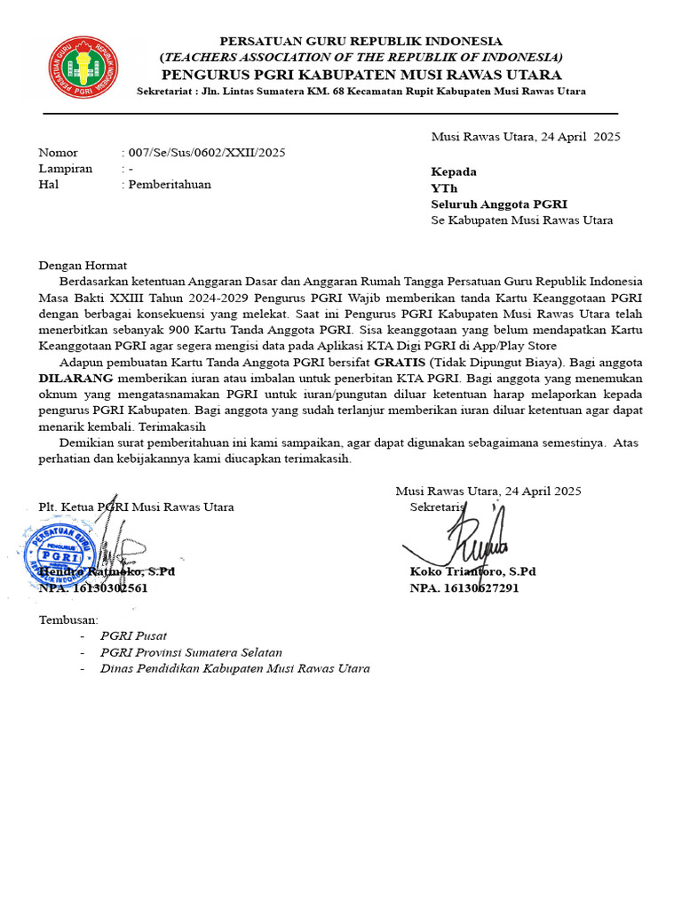 Surat Edaran Pgri | PDF
