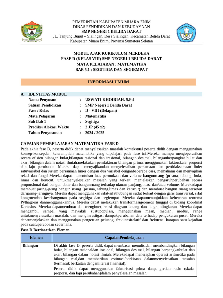 Modul Ajar Matematika Fase D Kelas 8 Bab 5.1 - modulguruku.com | PDF