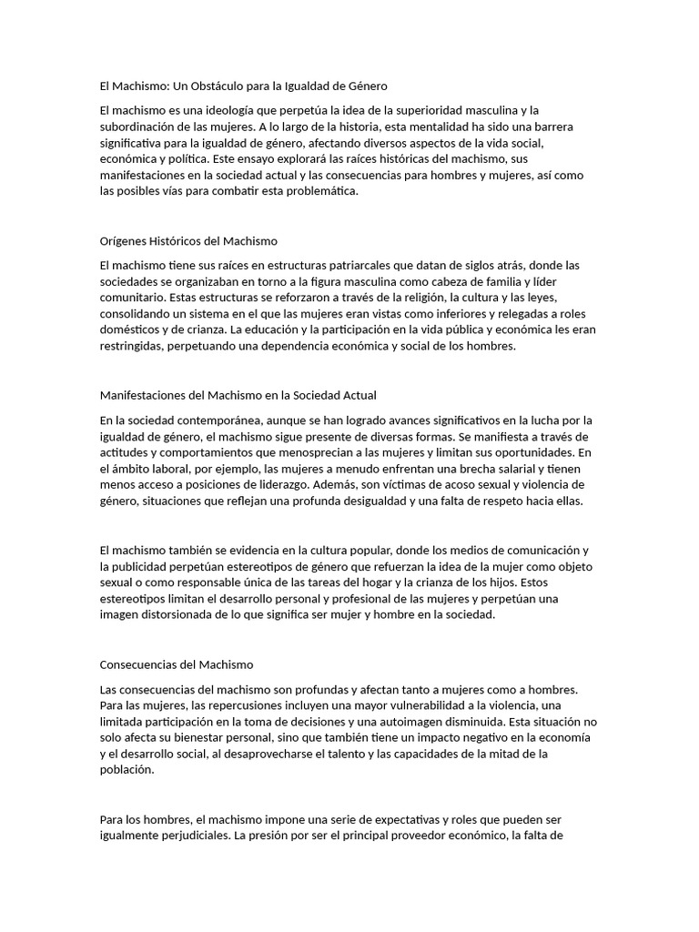 Machismo: Barrera a la Igualdad de Género | PDF | Mujer | Igualdad de ...