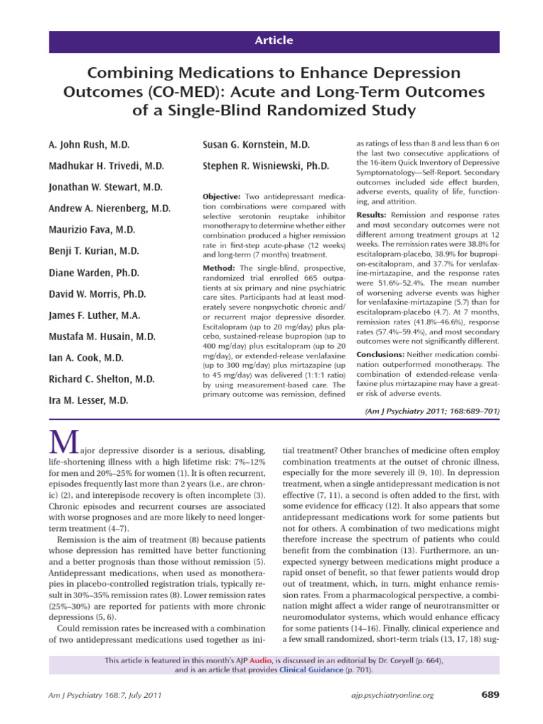 Rush Et Al 2011 Combining Medications To Enhance Depression Outcomes ...
