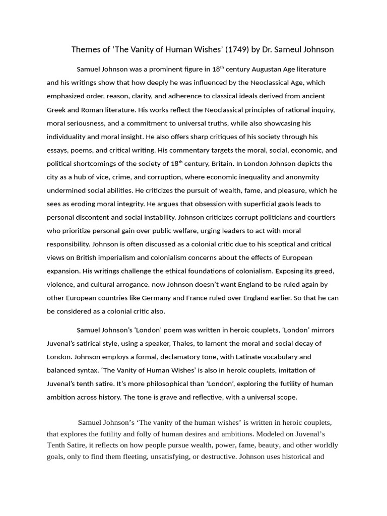 Themes in Johnson's Vanity of Human Wishes | PDF