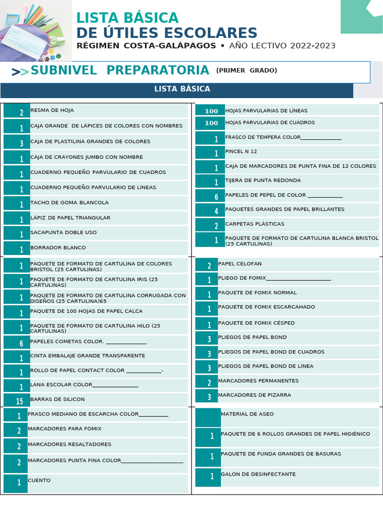 LISTA-UTILES-ESCOLARES DE PRIMERO ACTUALIZADA | PDF | Papel | Productos de madera