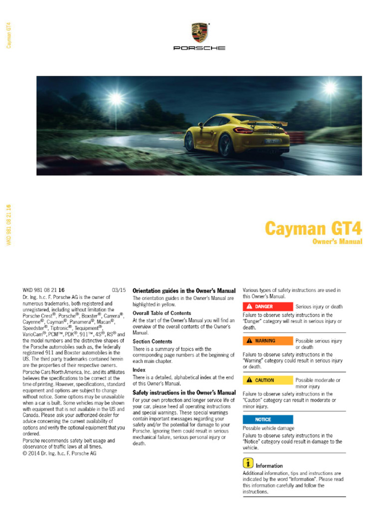 Porsche 981 Cayman GT4 Owner's Manual - English | PDF