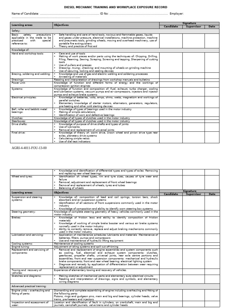 Diesel Welder Training Log Book | PDF | Steering | Bearing (Mechanical)