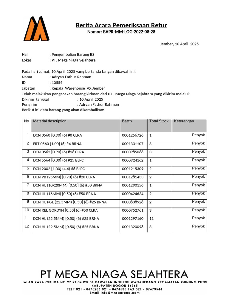 Bapr-mm-log- m201 Barang Bs 9 April 2025 | PDF
