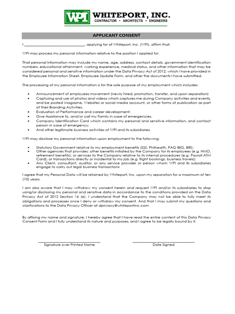 WPI Applicant Data Privacy Consent Form | PDF | Identity Document | Consent