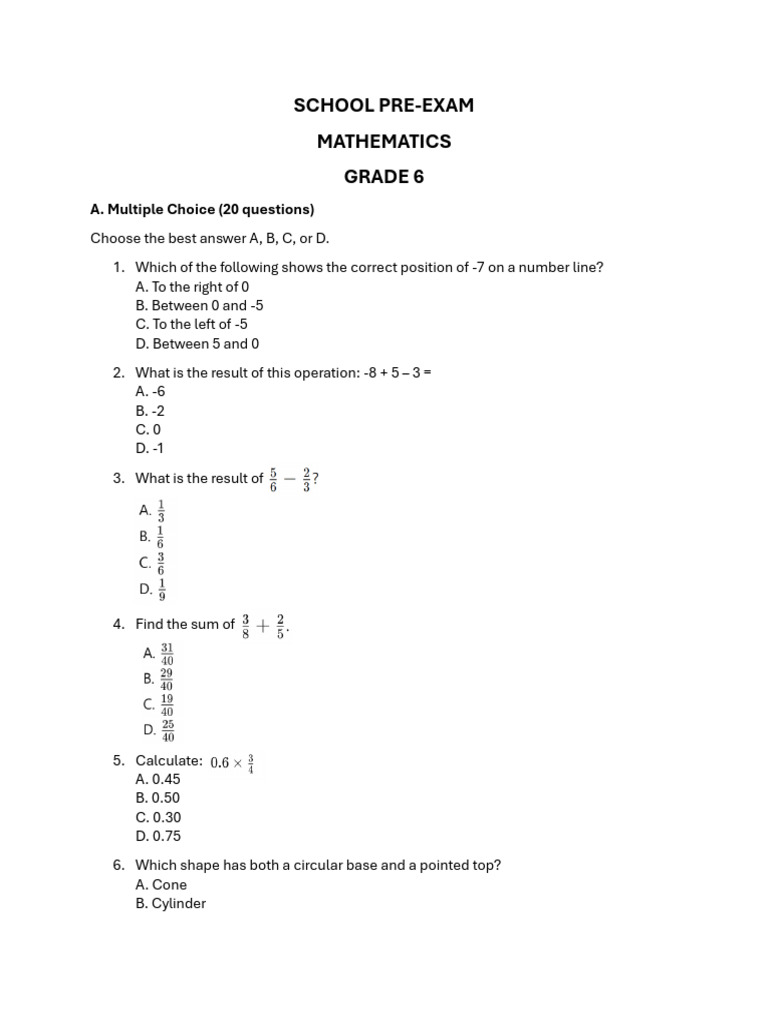 School Pre-Exam - Mathematics | PDF | Volume | Sphere