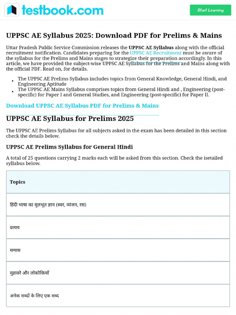 UPPSC AE Syllabus 2025 - Download PDF For Prelims & Mains | PDF