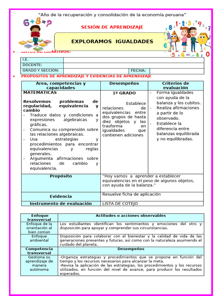 1º U3 S1 Sesion D2 Mat Exploramos Igualdades 983101047 | PDF | Evaluación | Balanza