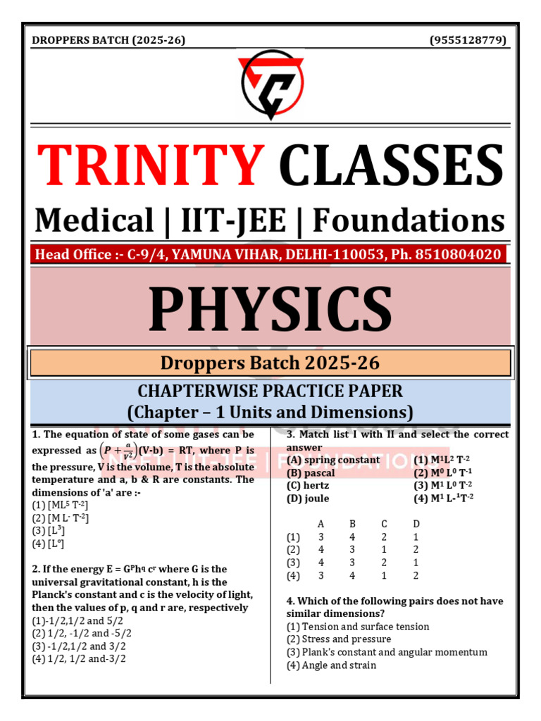 DPP - 1 (Units & Dimenisons) R-S | PDF | Physical Phenomena | Physical Quantities