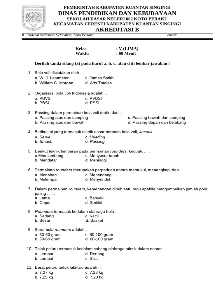 Soal Pjok Kelas 5 Semester Genap | PDF