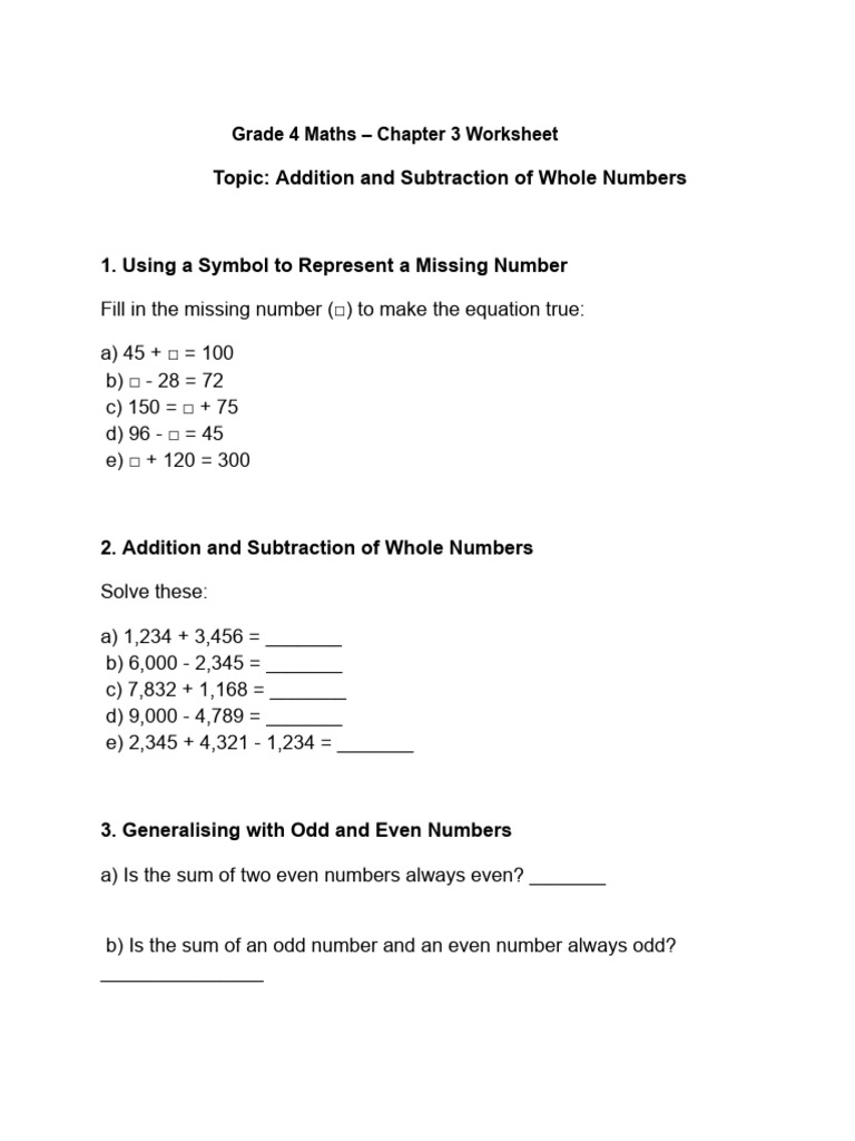 Grade 4 Maths - Chapter 3 Worksheet | PDF
