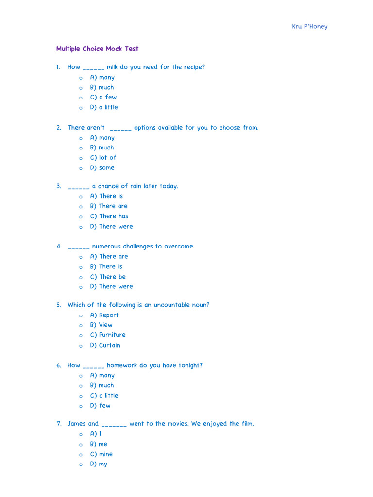 Multiple Choice Mock Test | PDF