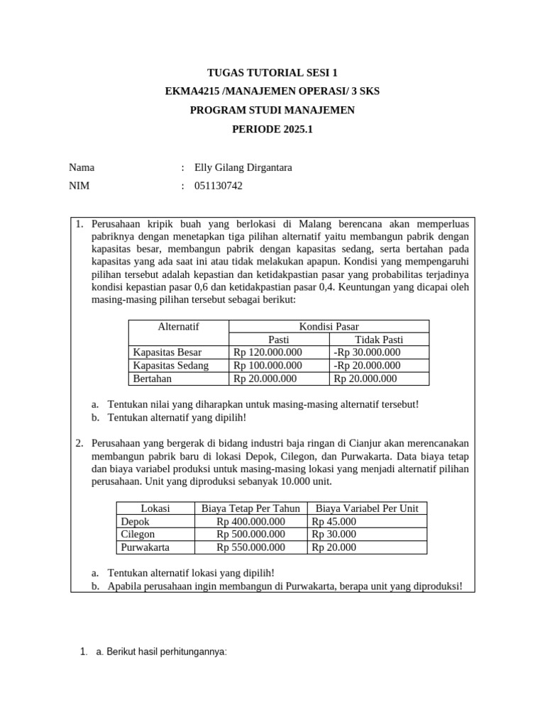 TUGAS 1 Manajemen Operasi | PDF