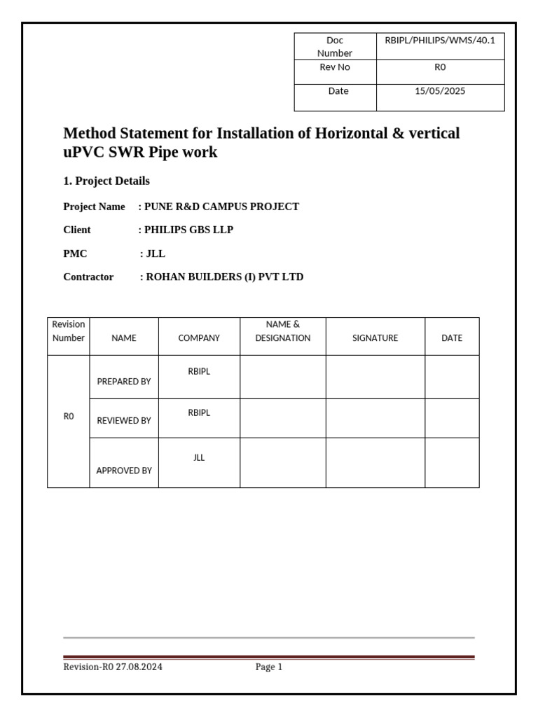 uPVC SWR Pipe Installation Method Statement | PDF | Pipe (Fluid ...