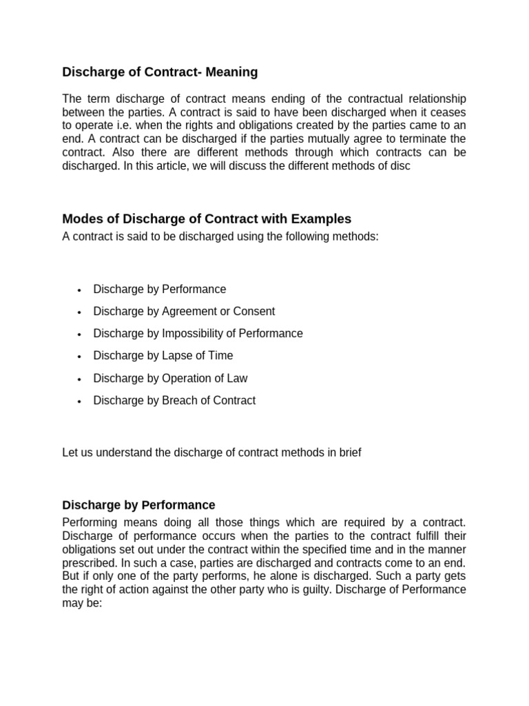 Discharge of Contract | PDF | Breach Of Contract | Contract Law