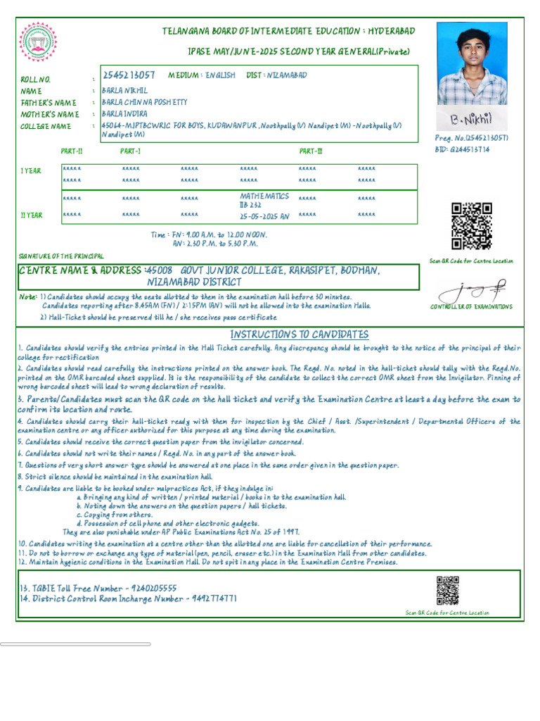 Telangana Intermediate Exam Hall Ticket | PDF