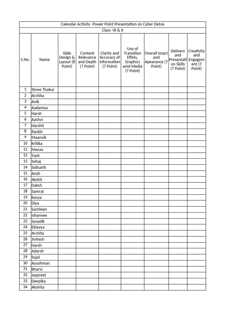 Calendar Activity List | PDF