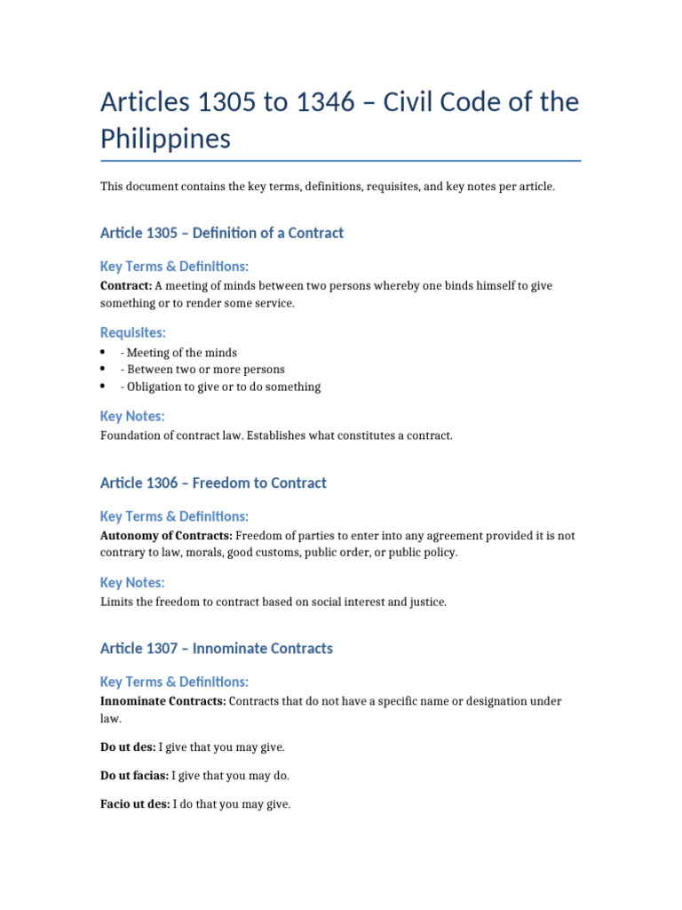 Articles 1305 To 1346 Full Contract Law Key Terms | PDF | Fraud ...