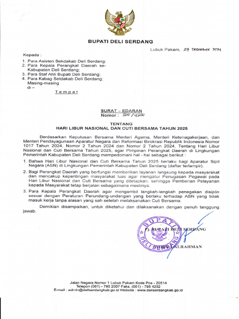 Surat Edaran Cuti Bersama Tahun 2025-1 | PDF