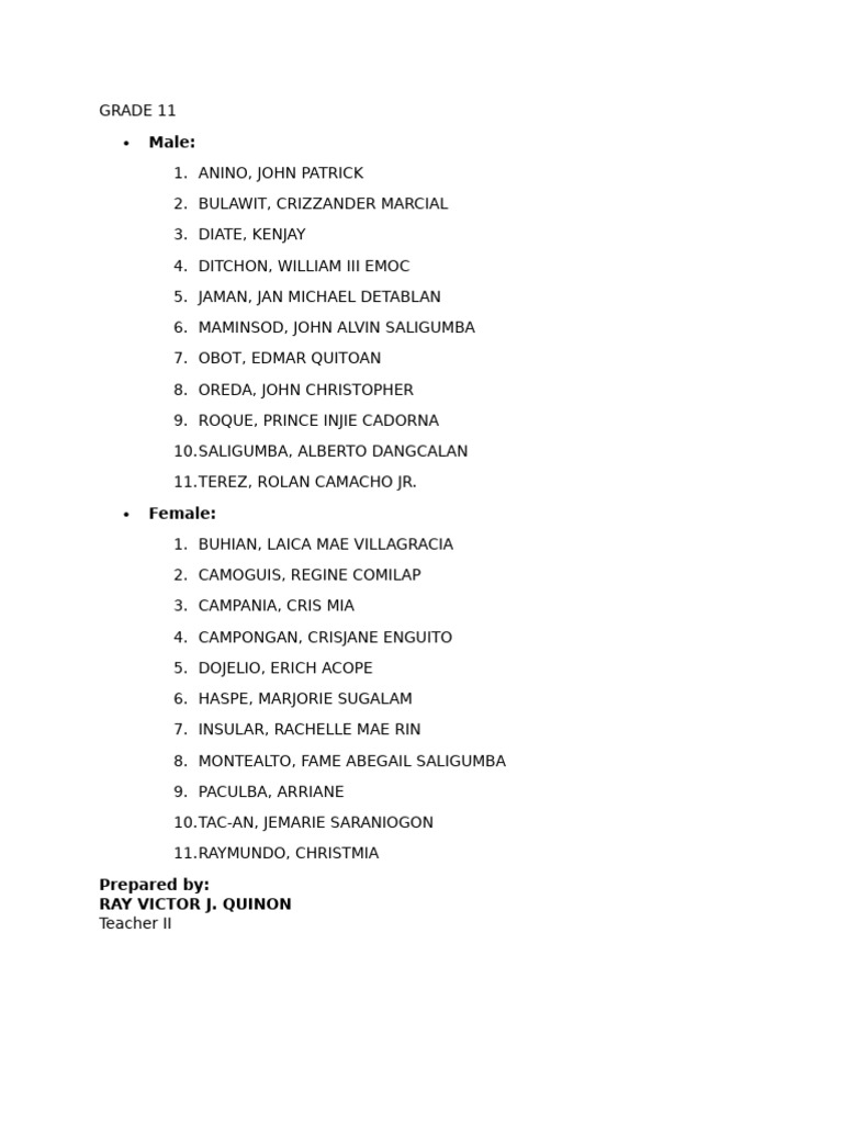 Grade 11 Students Name | PDF