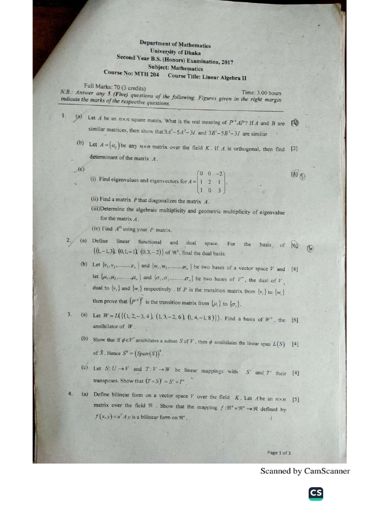 Linear Algebra II Final Question DU | PDF