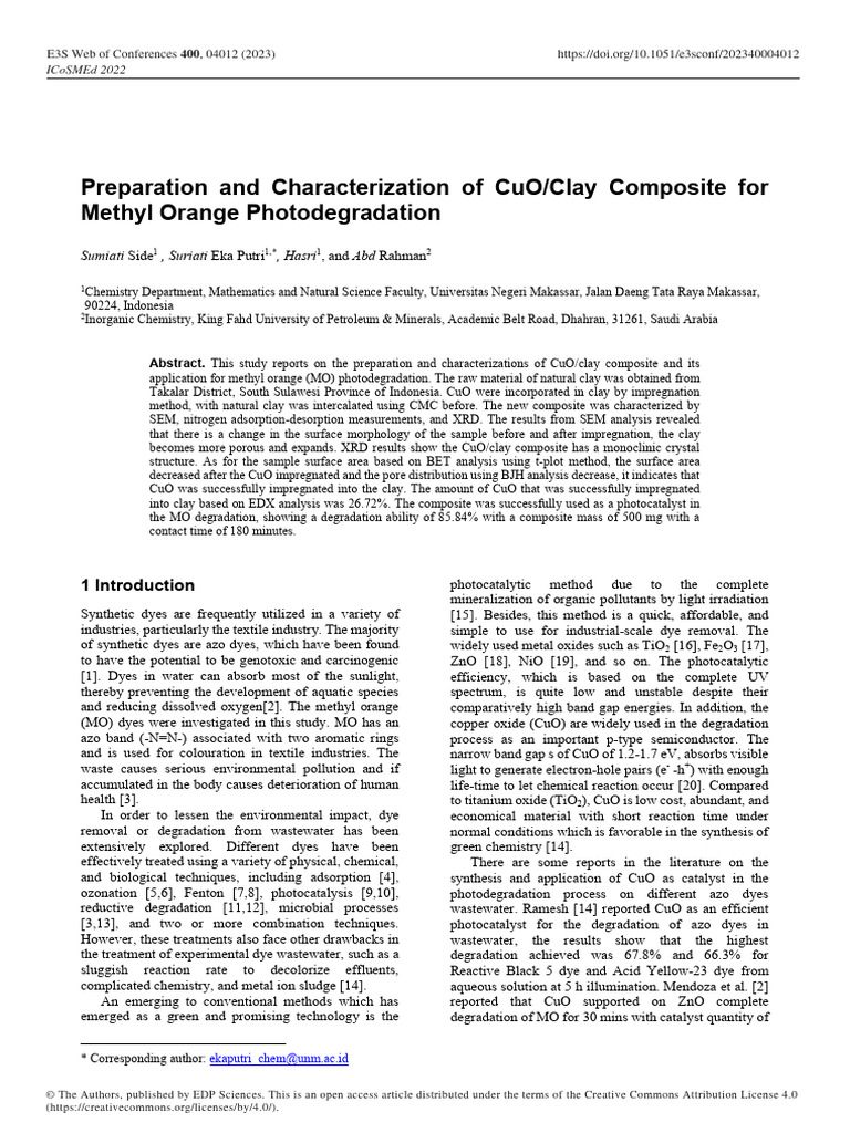 Preparation and Characterization of CuOClay Compos | PDF | Physical Chemistry | Materials