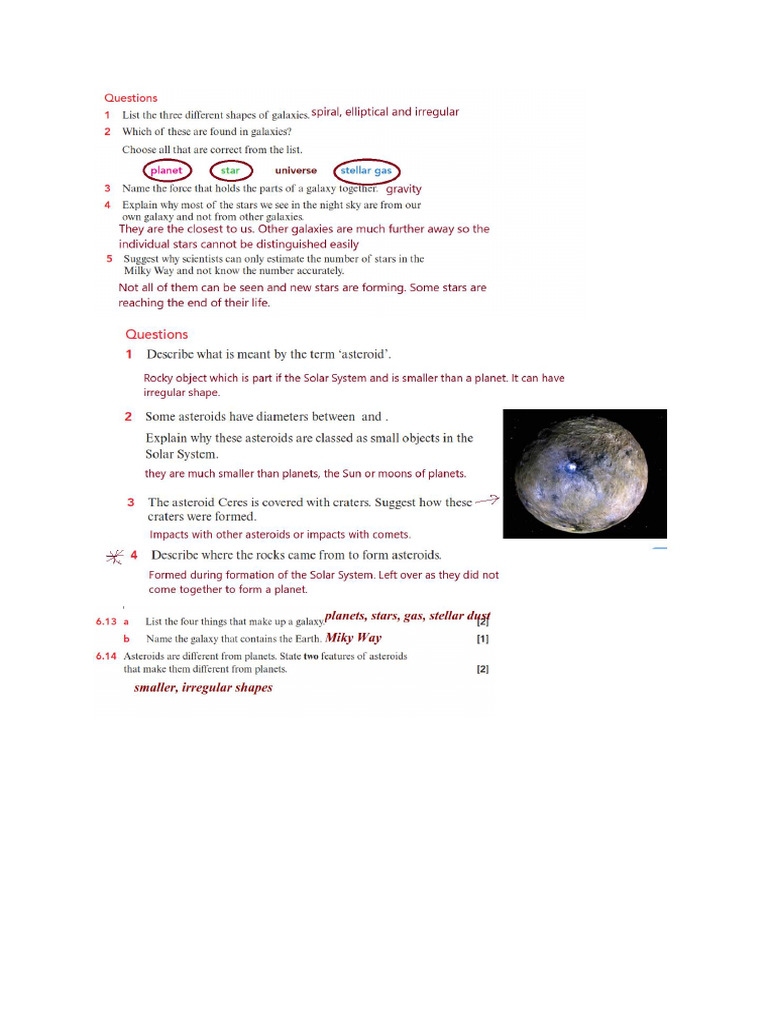 Yr8 Science 25.5.1 Ch6 Question Example - Galaxies and Asteroids ...