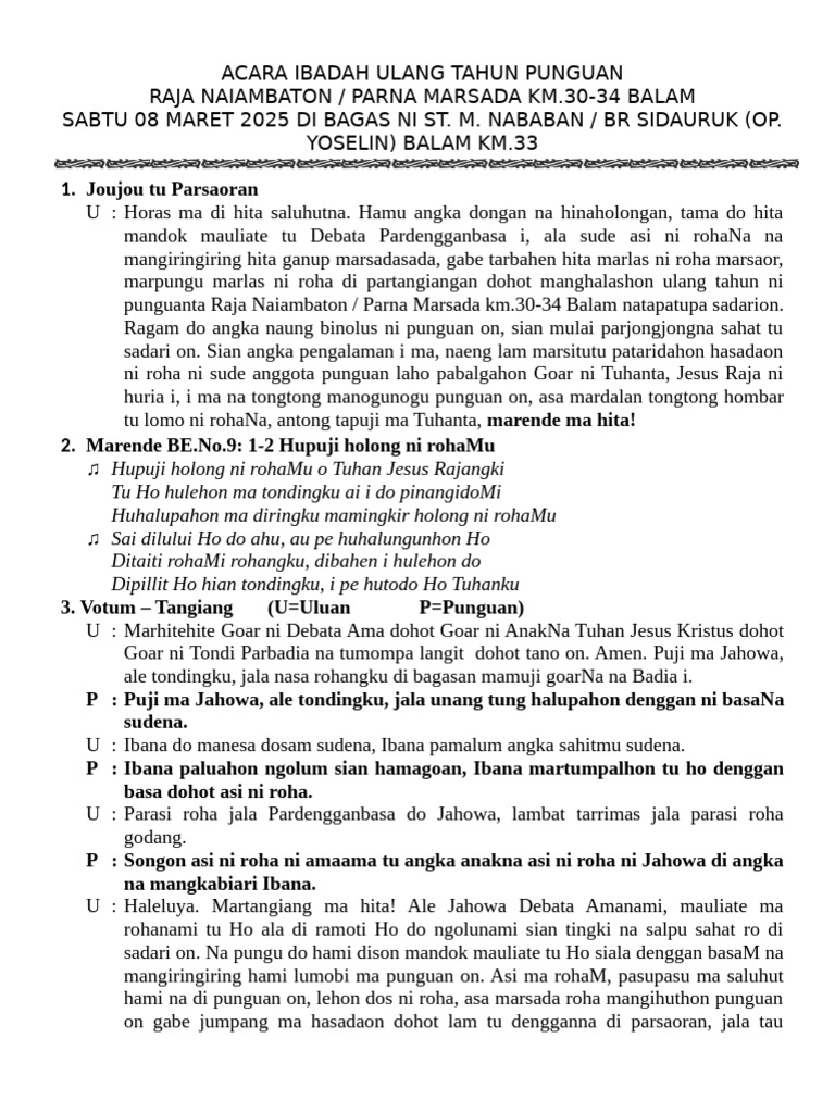 ACARA IBADAH ULANG TAHUN PUNGUAN Marga | PDF