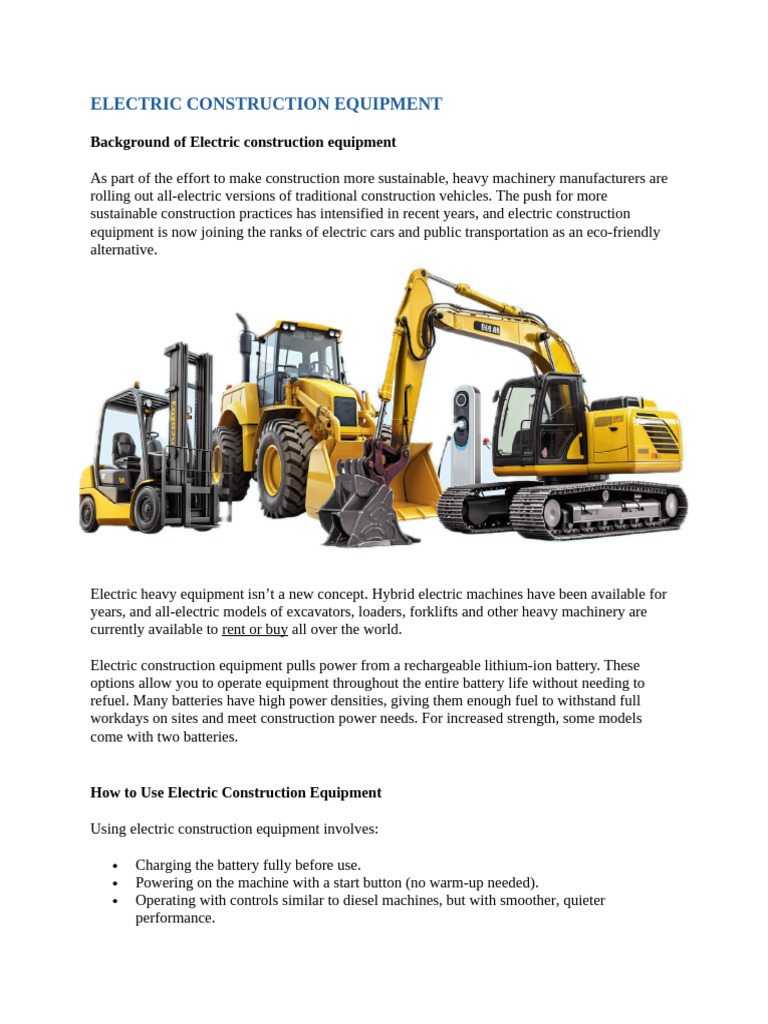Electric Construction Equipment | PDF | Electric Vehicle | Green Building
