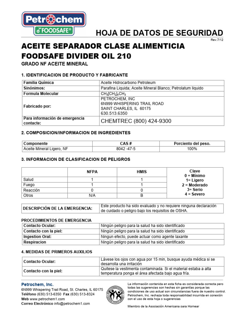 Msds Foodsafe Divider Oil 210 Es | PDF | Combustión | Agua