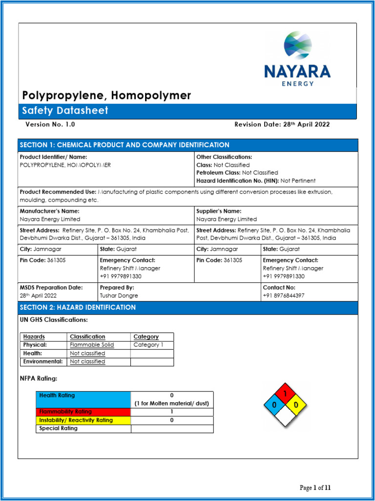 MSDS Polyproylene Homopolymer | PDF | Dangerous Goods | Toxicity