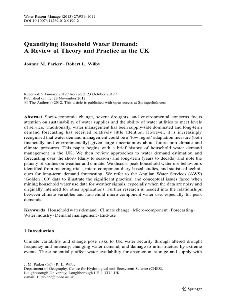 Quantifying Household Water Demand - A Review of Theory & Practice in ...