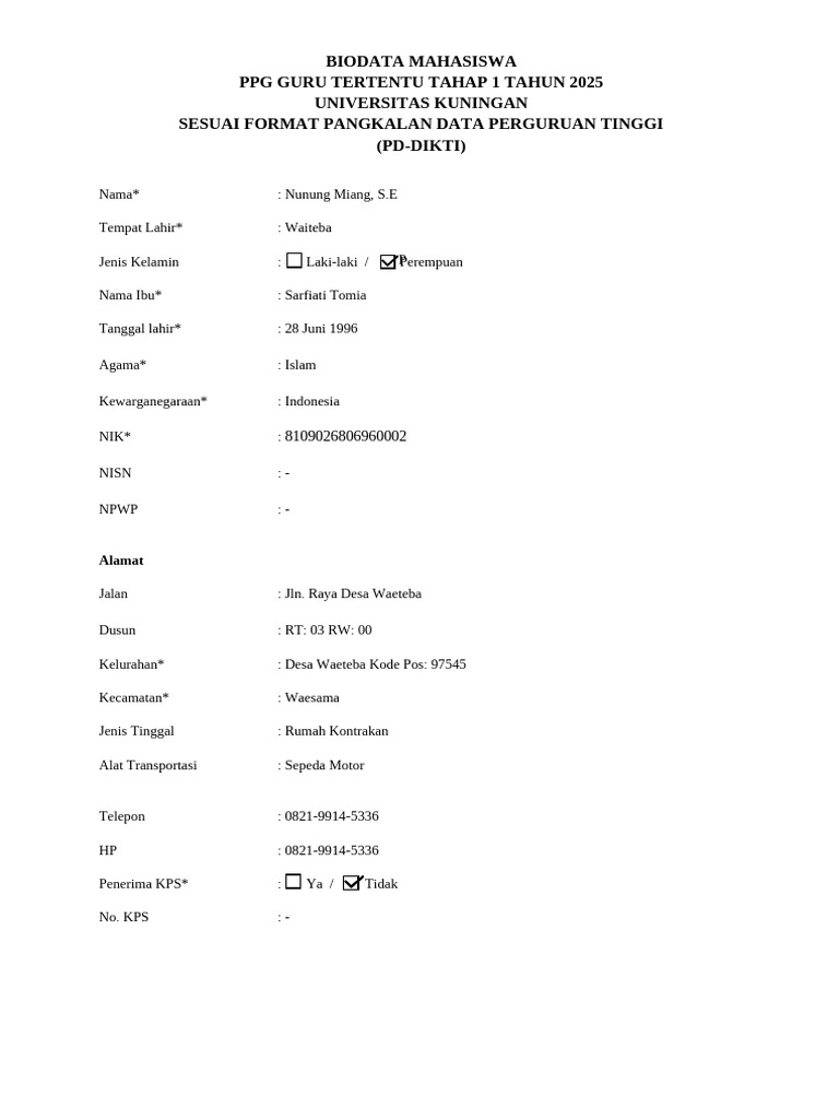 Biodata Mahasiswa Nunung Mian PPG Guru Tertentu FKIP Universitas Kuningan | PDF