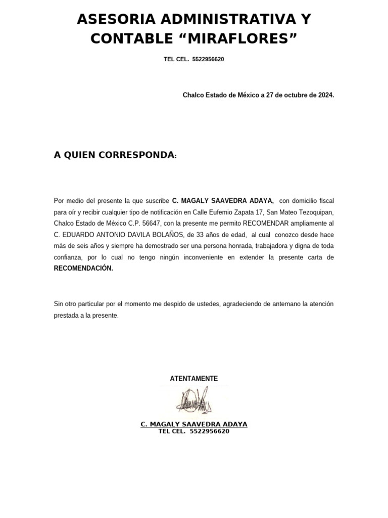 Carta de Recomendacion Magly Eduardo | PDF