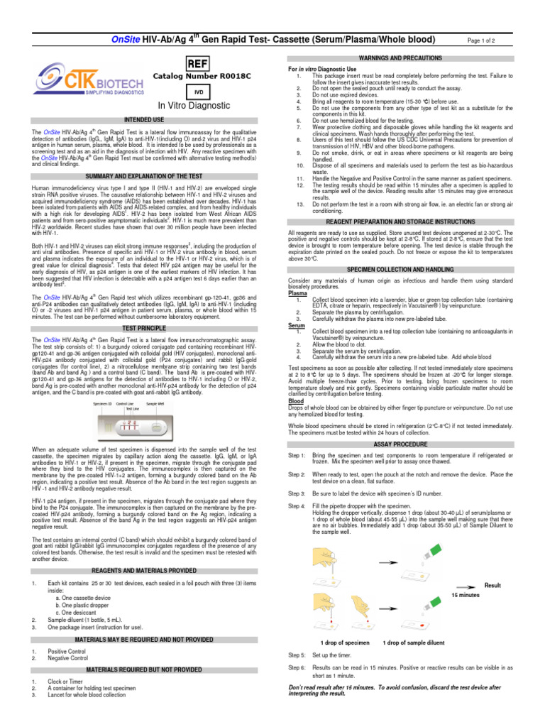 INSERTO PRUEBA RÁPIDA ON SITE 4ta Gen R0018C HIV Ab - Ag 4th Gen | PDF | Diagnosis Of Hiv/Aids | Hiv