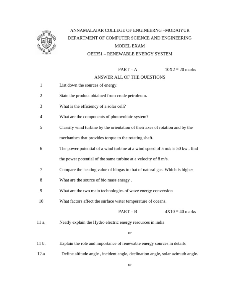 Renewable Energy System Model Exam | PDF | Energy Development | Wind ...