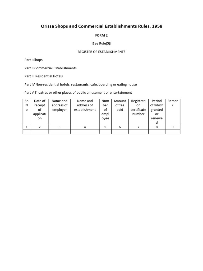 Form 2 - Register of Establishment | PDF