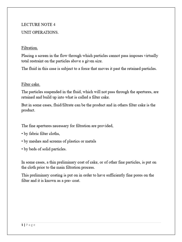 Lecture 4 Unit Operations | PDF | Filtration | Pressure