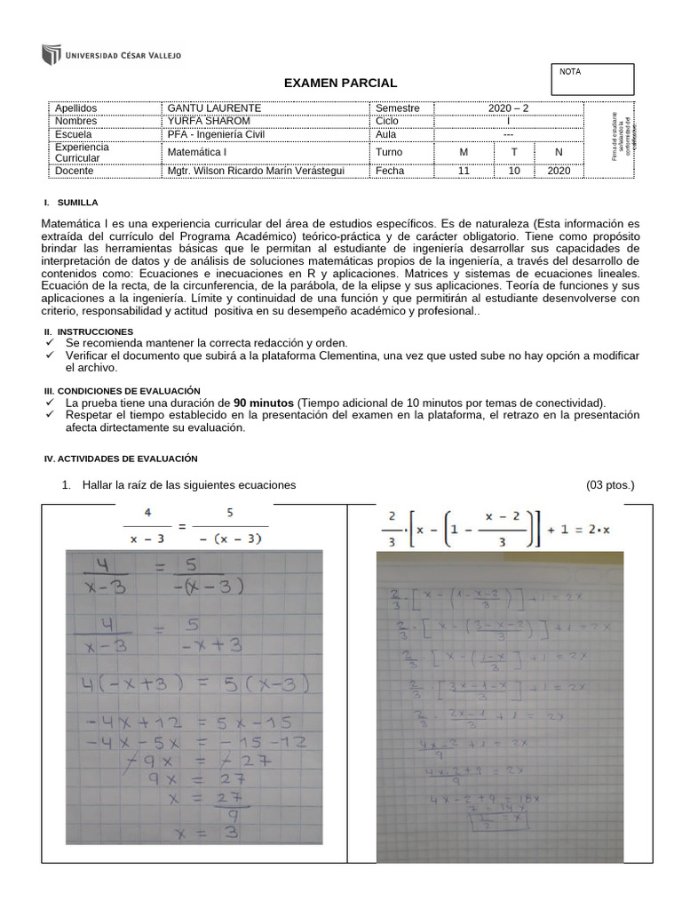 Examen Parcial | PDF | Ecuaciones | Matriz (Matemáticas)