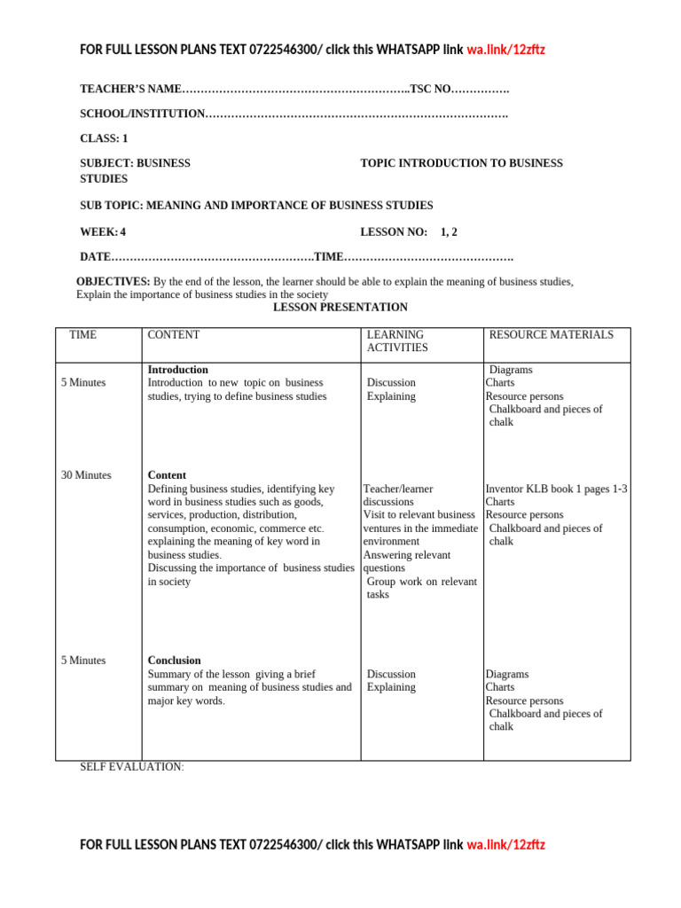 Intro to Business Studies Lesson Plan | PDF | Lesson Plan | Education ...